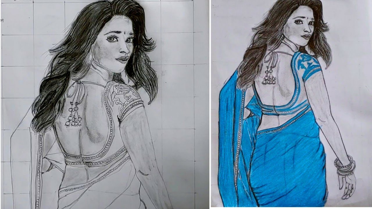 rebel movie tamanna drawing||how to draw tamanna bhatia image in saree ...