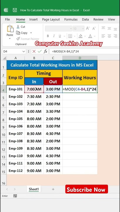 How to Calculate Working Hours Use MOD Function in MS Excel #excel #exceltips #exceltricks # ...