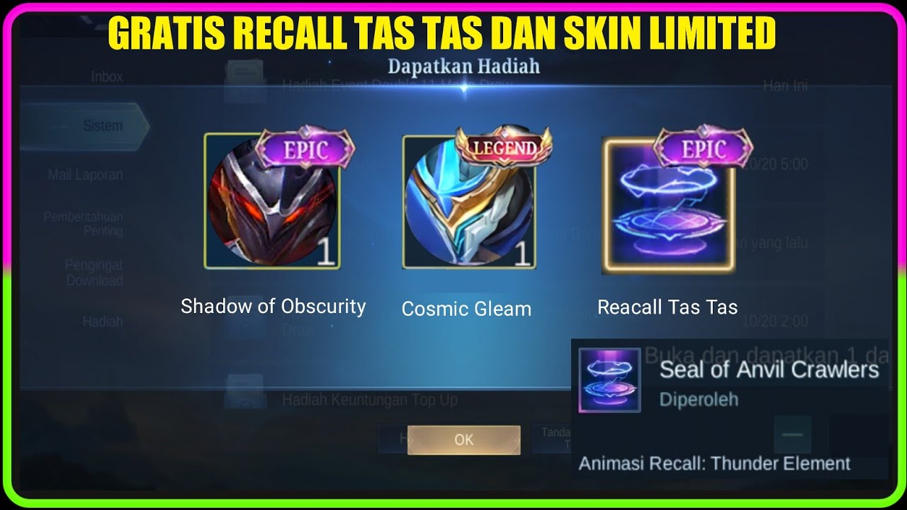 GRATIS!! RECALL TAS TAS SKIN LEGEND,SKIN EPIC LIMITED EVENT BL X MLBB ...