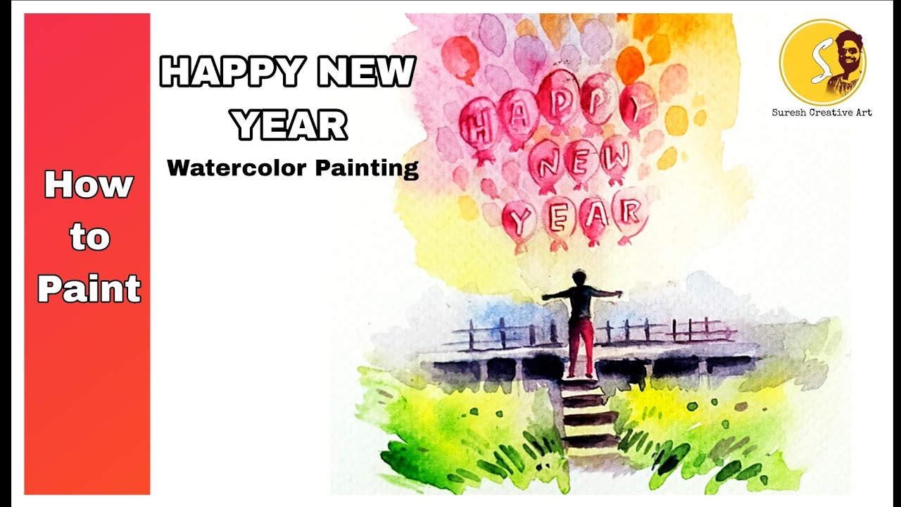 Happy new year Watercolor Painting | How to draw Happy New year ...