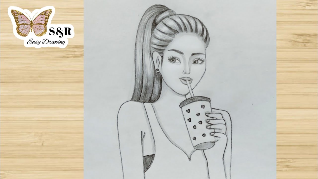How to draw cute girl drink a sweet tea|| drawing a girl in beautiful ...