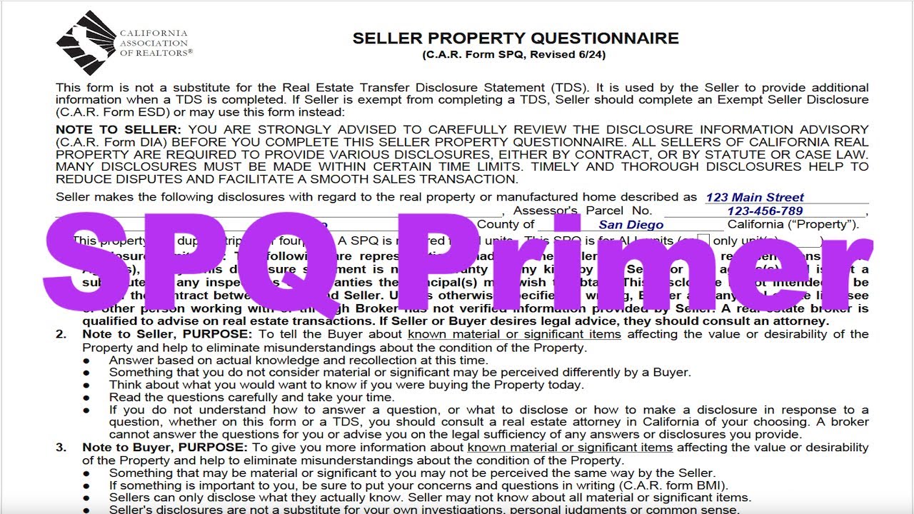 Seller Property Questionnaire Primer - 06/24 Revision CAR Form SPQ ...
