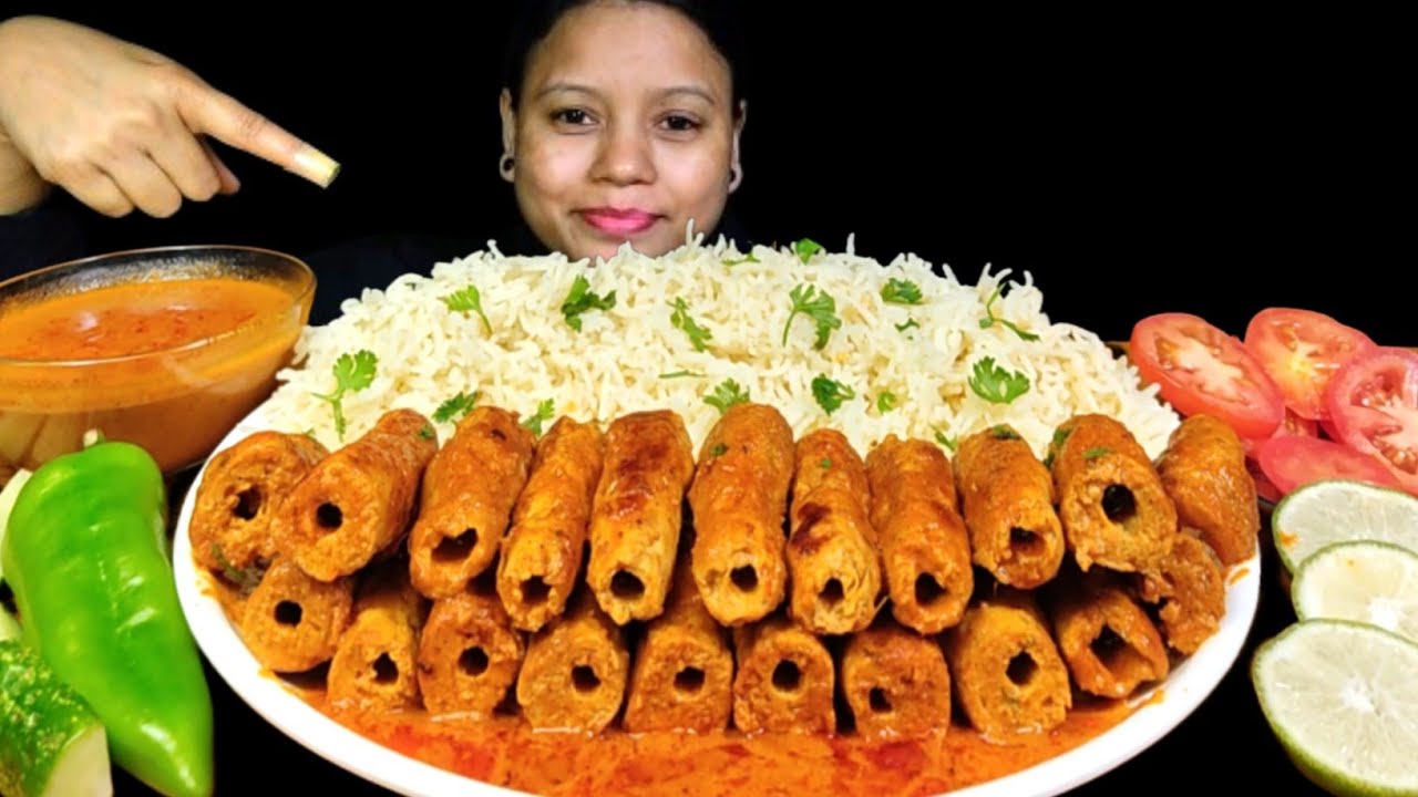 ASMR EATING CHICKEN SEEKH KABAB CURRY WITH BASMATI RICE | TOMATO ...