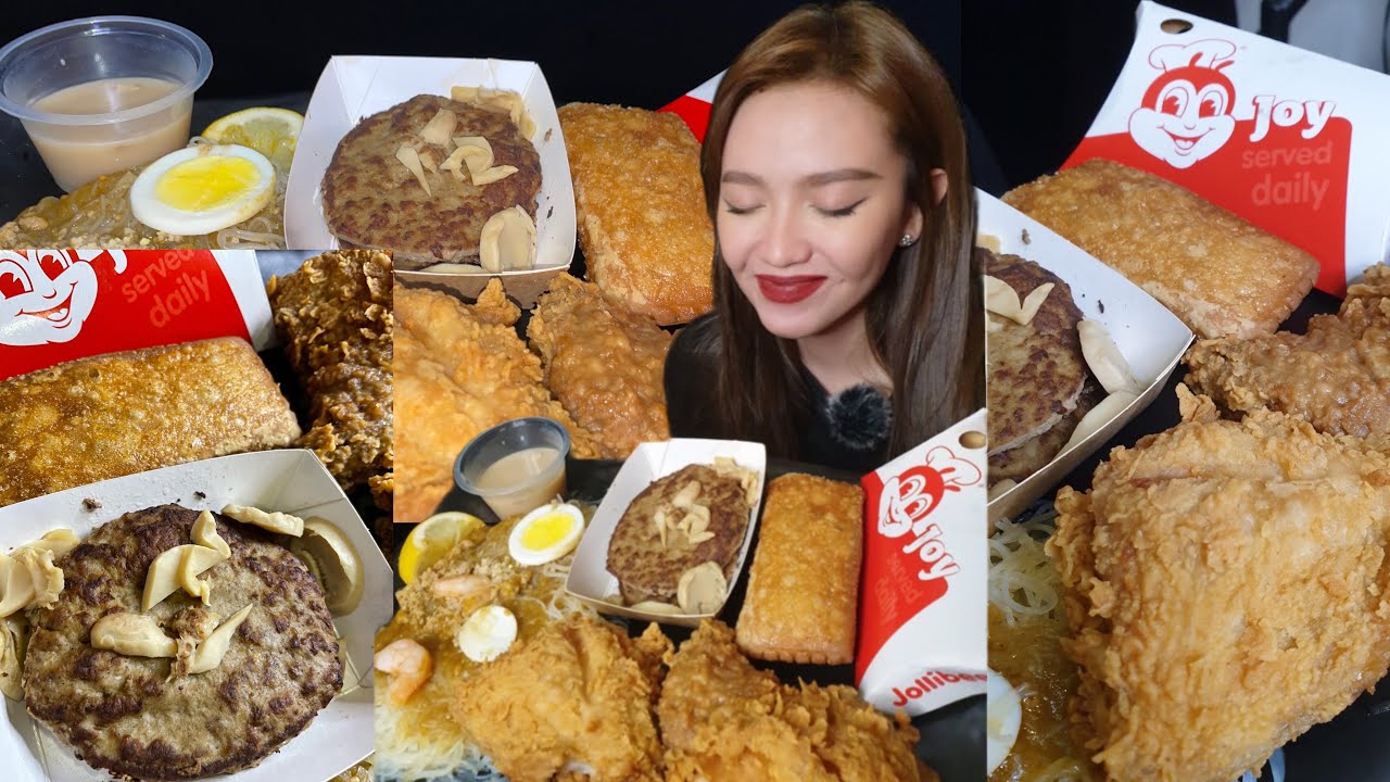 JOLLIBEE MUKBANG || CHICKENJOY + PALABOK + BURGER STEAK + PEACH MANGO ...