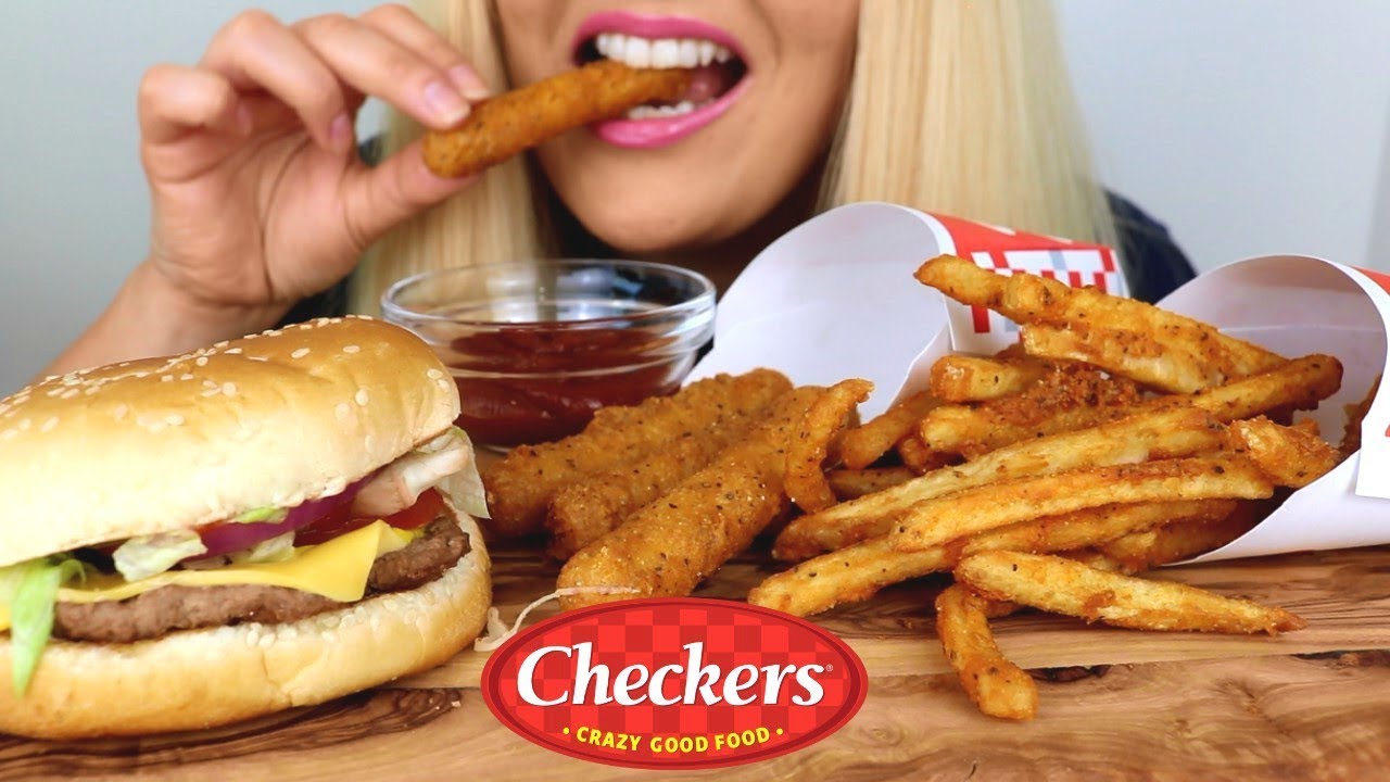 CHECKERS CHEESEBURGER FRENCH FRIES MOZZARELLA STICKS ASMR MUKBANG (NO ...