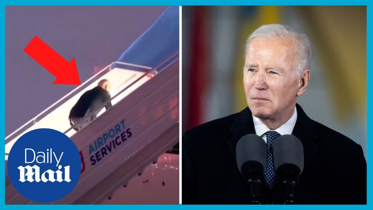 US President Joe Biden falls up stairs of Air Force One leaving Poland ...