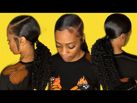 Low Sleek Curly Ponytail with a Side Part ( No Swoop Bang) - YouTube