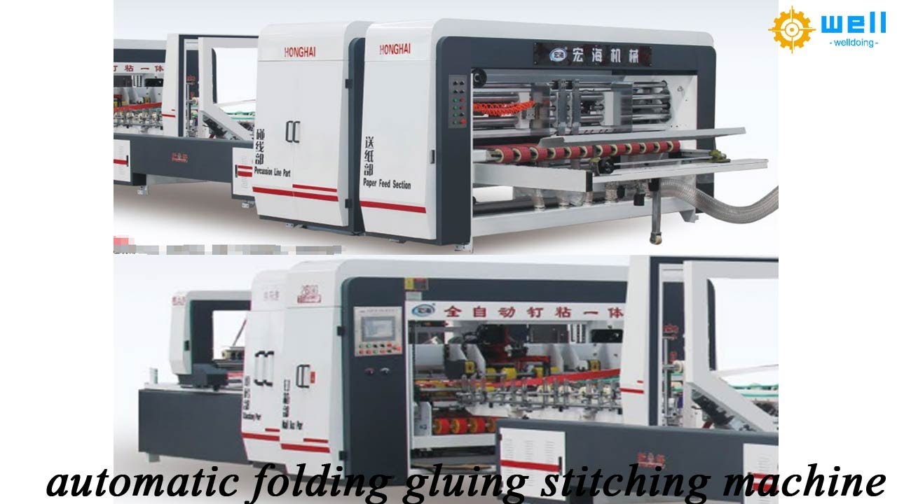 automatic folder gluer stitching machine - YouTube