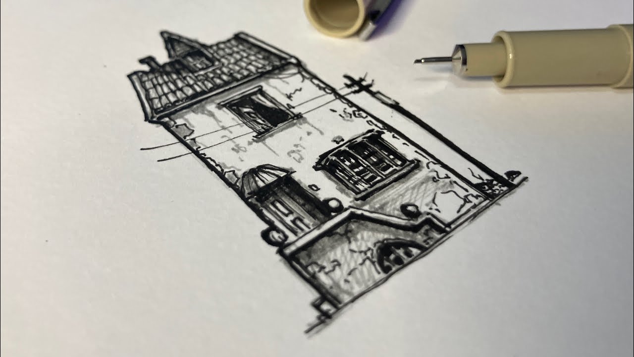 Relaxing Drawing a Building with Ink Pens - YouTube