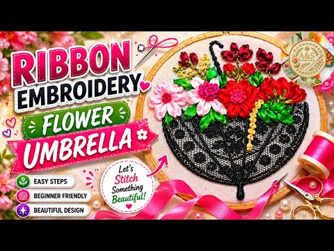 Flower umbrella ribbon embroidery design & tutorial #ribbonembroidery  #umbrella  #viral  #flowers