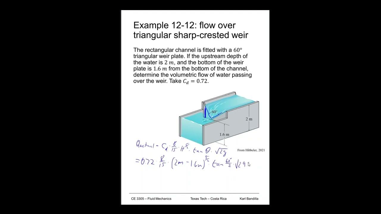 Fluid Mechanics - flow over triangular sharp crested weir - Example 12-12 - YouTube