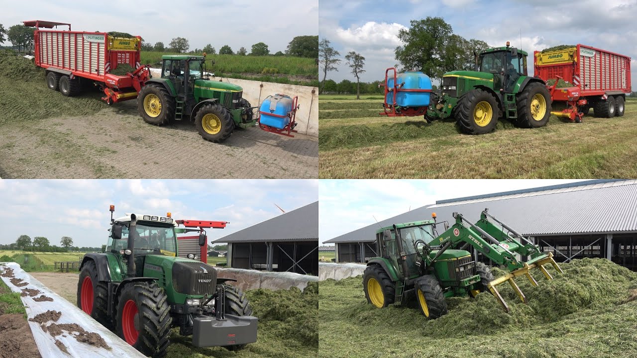 Gras inkuilen met John Deere 7810 met Pöttinger Jumbo opraapwagen en 2 ...