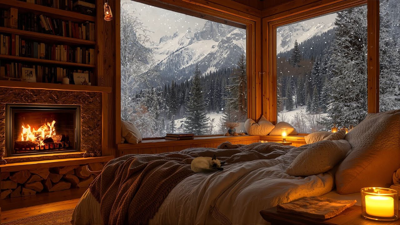 Cozy Winter Bedroom with Fireplace and Falling Snow for Peaceful Sleep ...