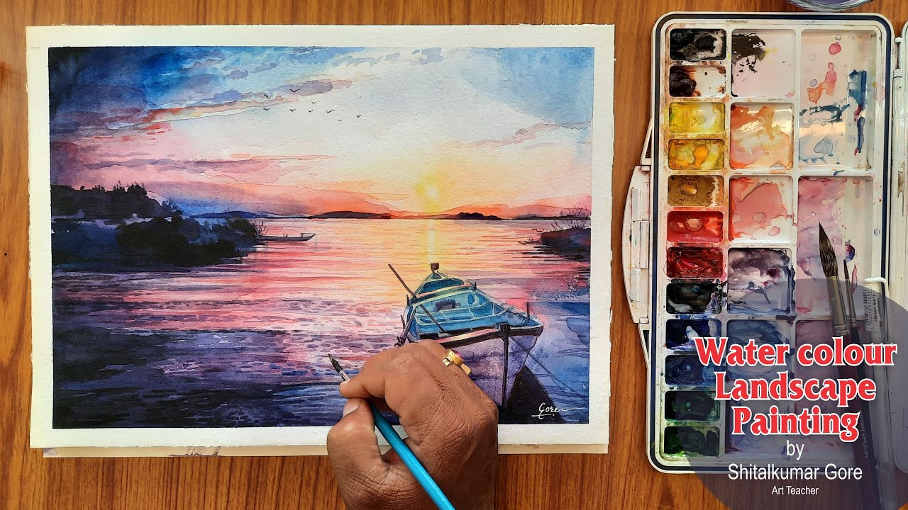 Sunset Drawing with Boat, Sunset Drawing, Water Color landscape ...