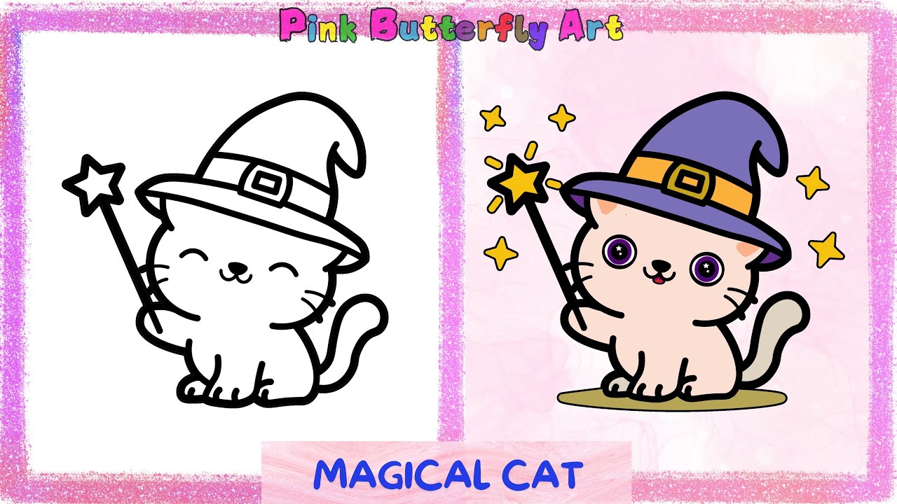 How to Draw a Witch Cat with Wand | Easy Drawing for Kids Toddlers # ...