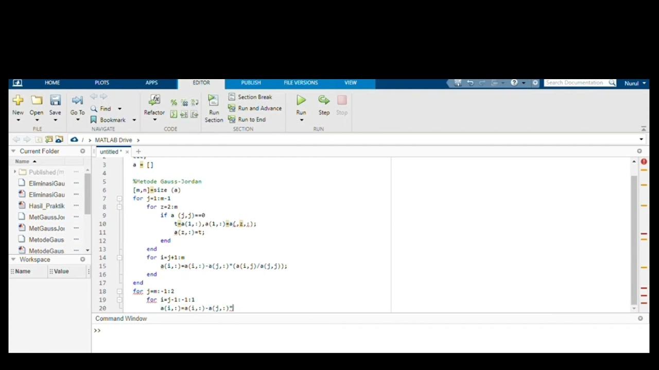 Metode eliminasi Gauss Jordan dengan menggunakan aplikasi MATLAB - YouTube