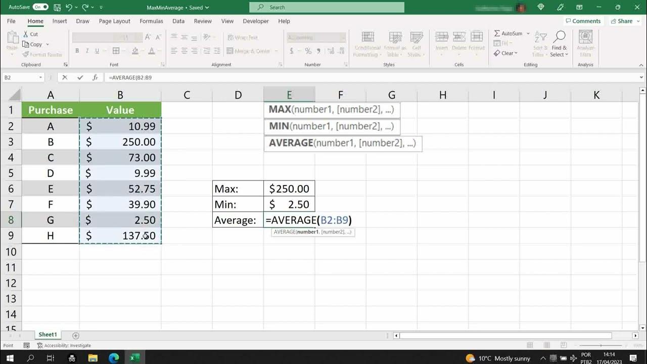 Calculating Maximum, Minimum, and Average values in Excel - 2 Min - YouTube