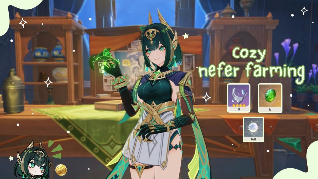 nefer farming and building because i caved 🐈‍⬛ comfy genshin impact ...