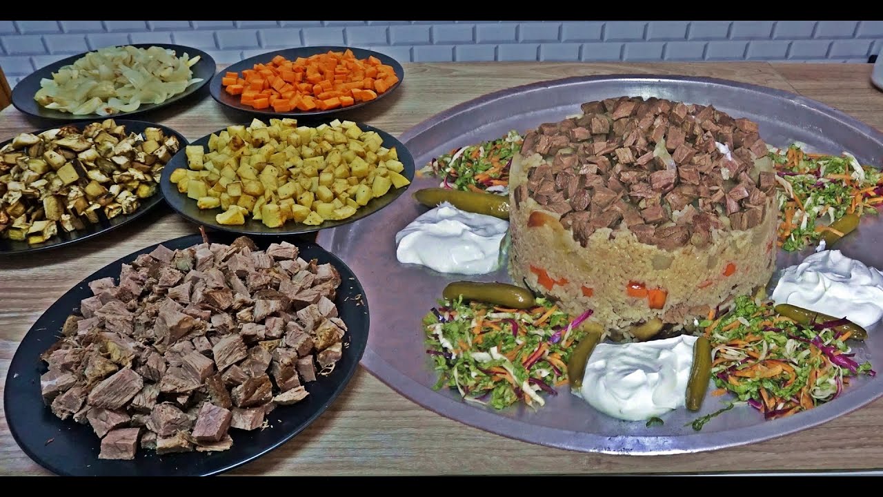Maklube Meat And Vegetable Rice Recipe Feast With Salad And Strained ...