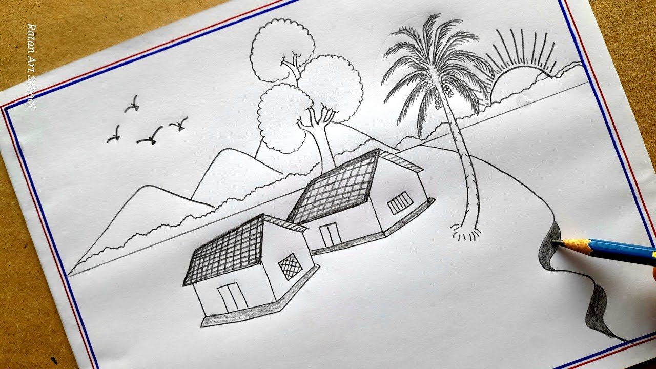 Easy Village Scenery Drawing For Beginners || Beautiful Scenery With ...