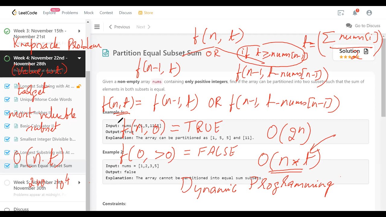 Leetcode 416 Partition Equal Subset Sum Nov 27th November 5081