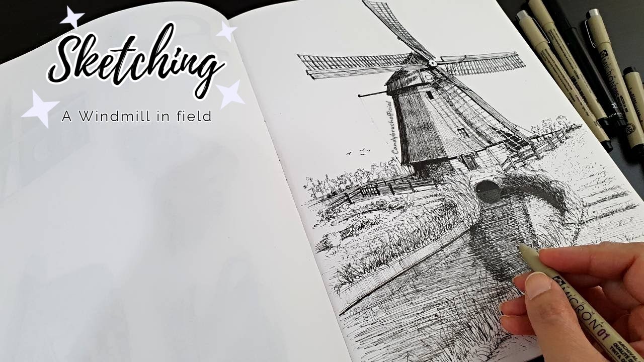 Pen & Ink Drawing #50 | Sketching A Windmill in field - YouTube