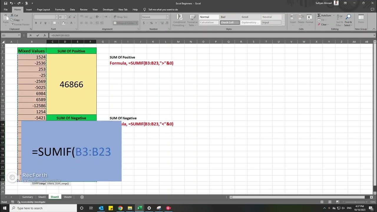 Sum of positive and negative numbers in excel # How to add positive & negative numbers ...