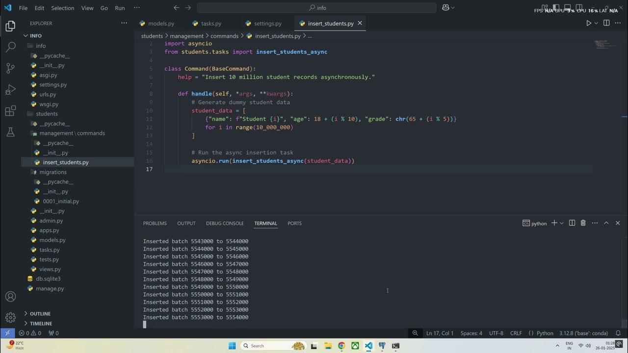 student insertion of 10000000 records using django async - YouTube