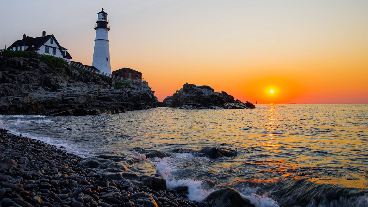 Sunrise at Portland Head Lighthouse (4K) | Morning Ocean Sounds for ...