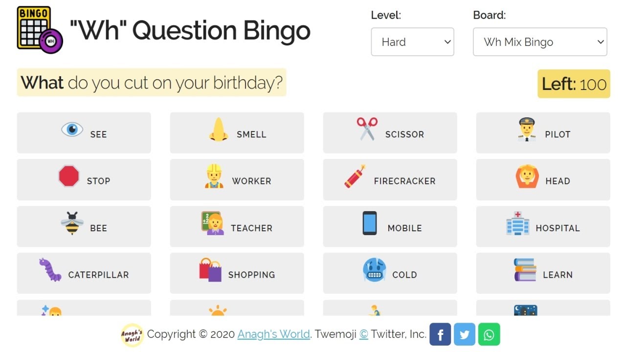 Wh Question Bingo | AuK Games | Web App | Educational | Kids | Tablet ...