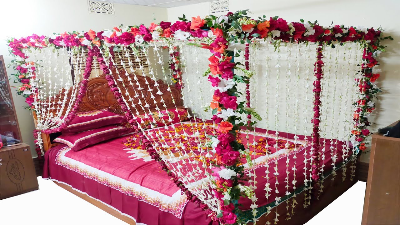 কাঁচা ফুল দিয়ে বাসর ঘর/ফুলের বাসর ঘর /wedding night room decoration ...