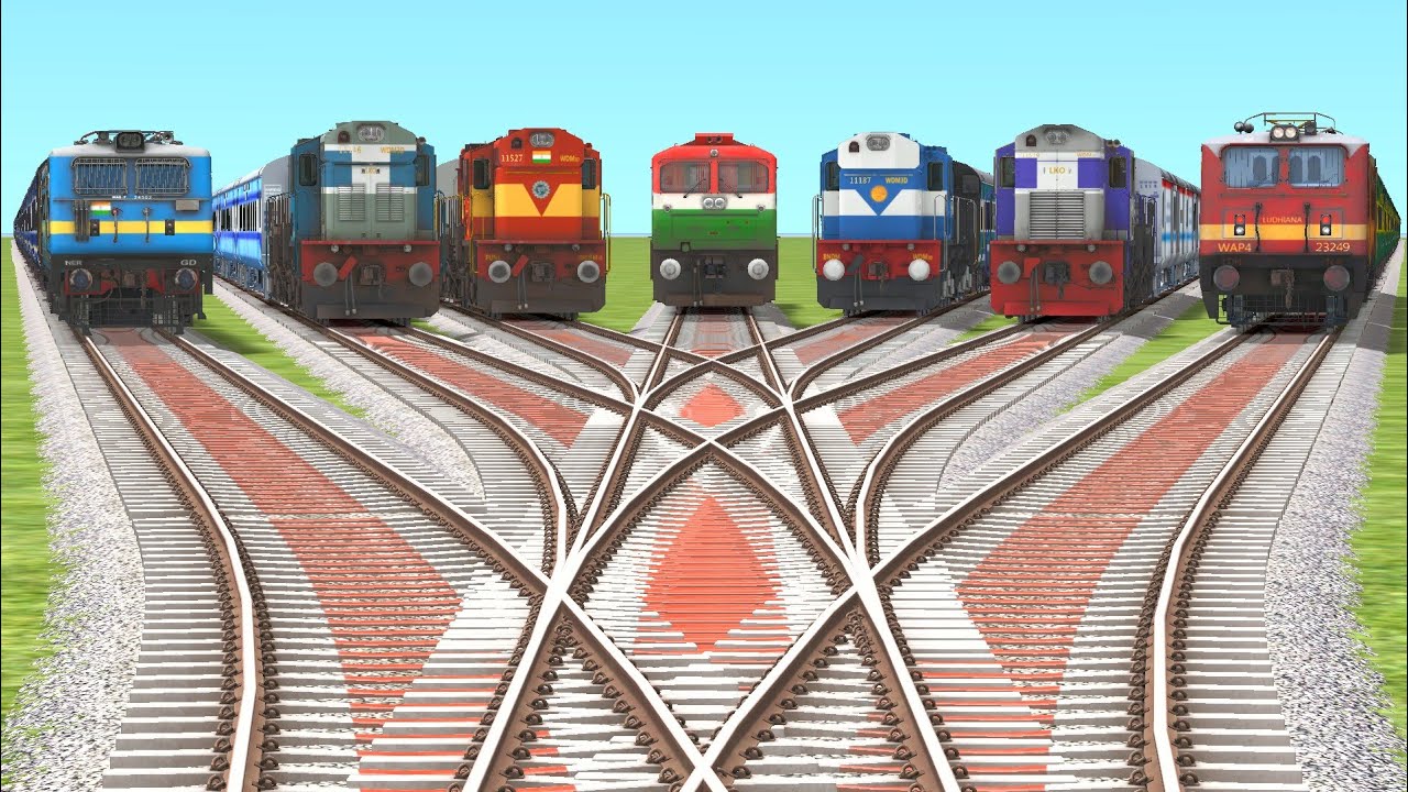 7 TRAIN CROSSING ON DIAMOND RAILROAD | Electric Train | Forked Railroad ...