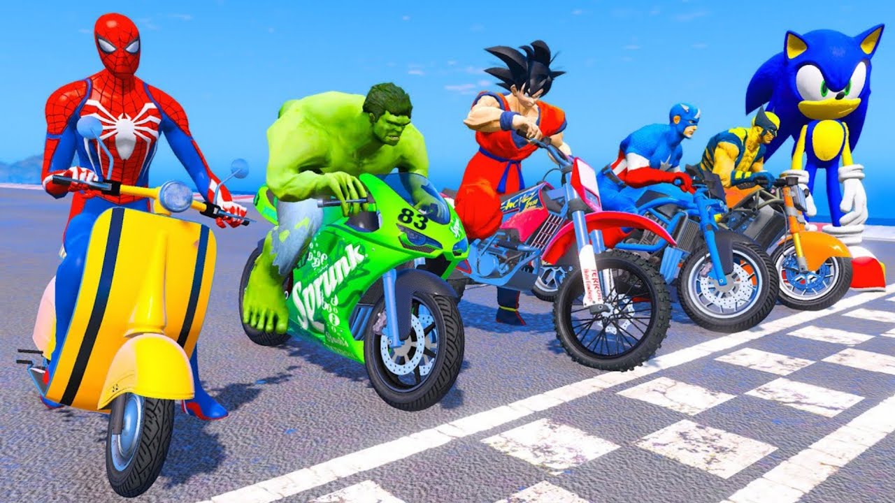 Spider-Man Racing With Scooter. Hulk Racing With Superbike. Superhero ...