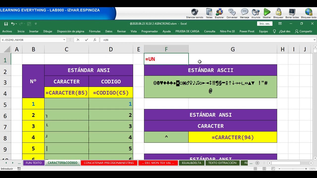 EXCEL 123. FUNCIONES TEXTO. CARACTER, CODIGO, UNICAR, UNICODE - YouTube