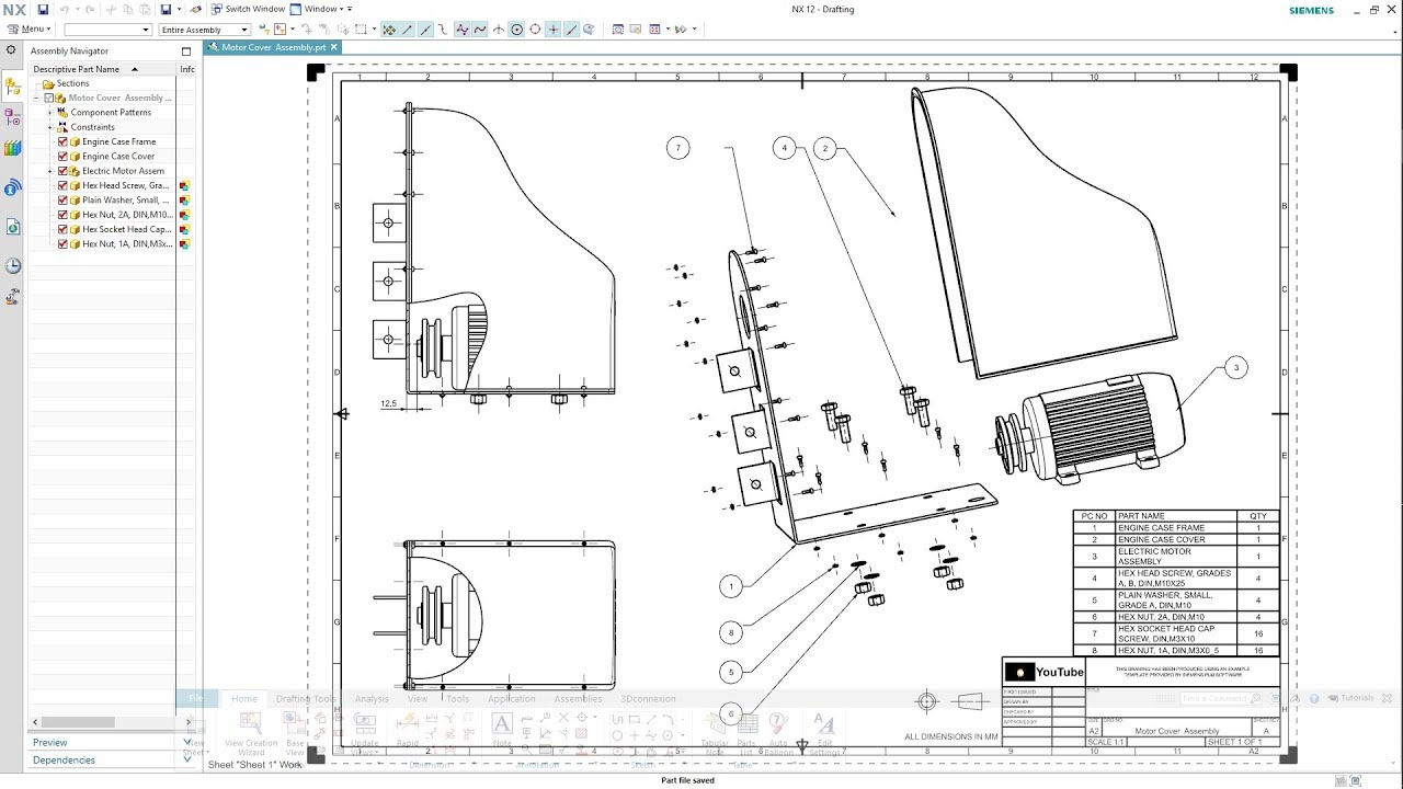 SIEMENS NX 12 - MOTOR COVER ASSEMBLY - DRAWING - YouTube