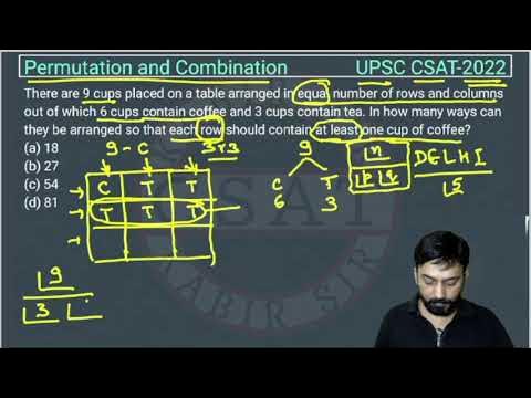 2022 Permutation and Combination csat pyq, There are 9 cups placed on a table arranged in equal ...