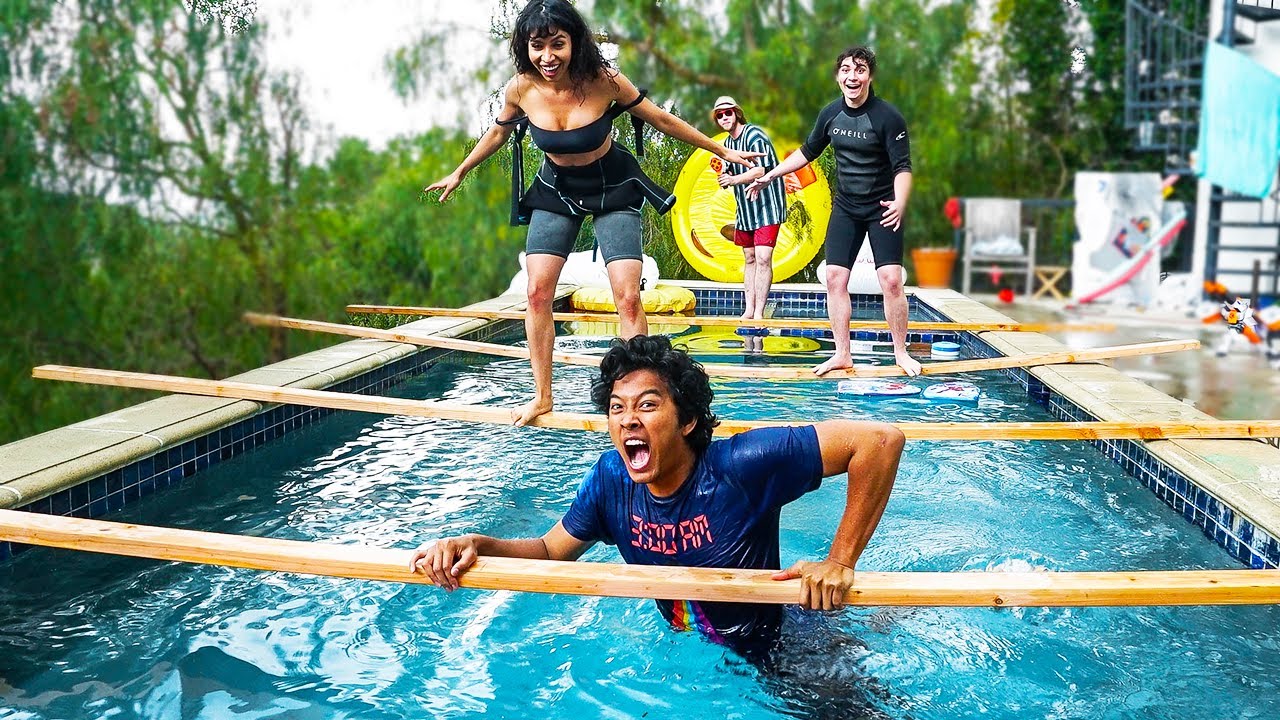 LAST TO FALL IN THE POOL CHALLENGE! - YouTube