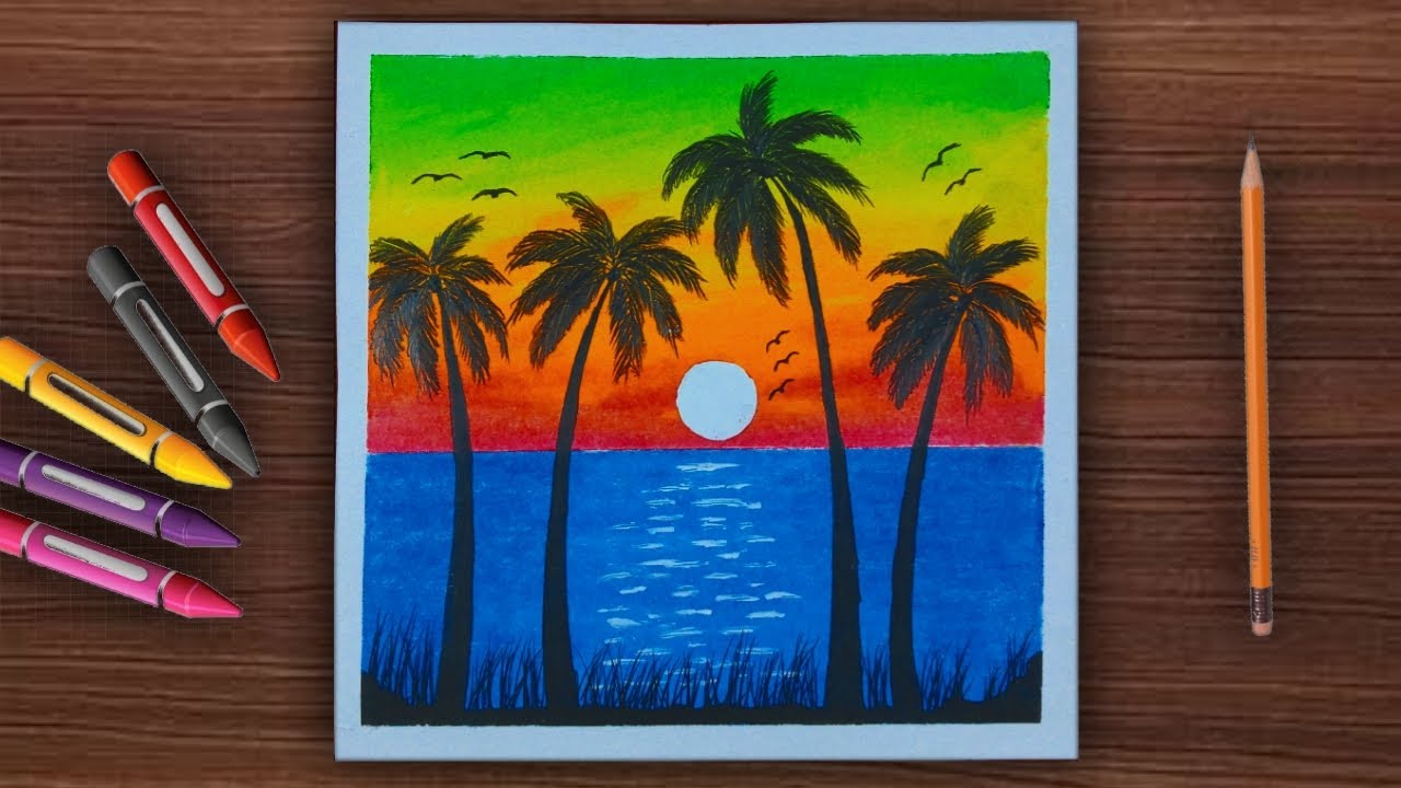 Sunset Palm tree Drawing with Oil pastels for Beginners - Step by Step ...