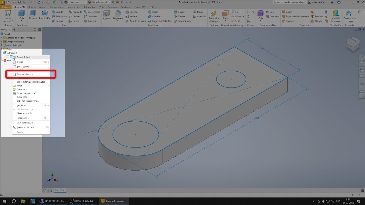 Inventor 2024: Compartir boceto maestro (Boceto para varias operaciones ...