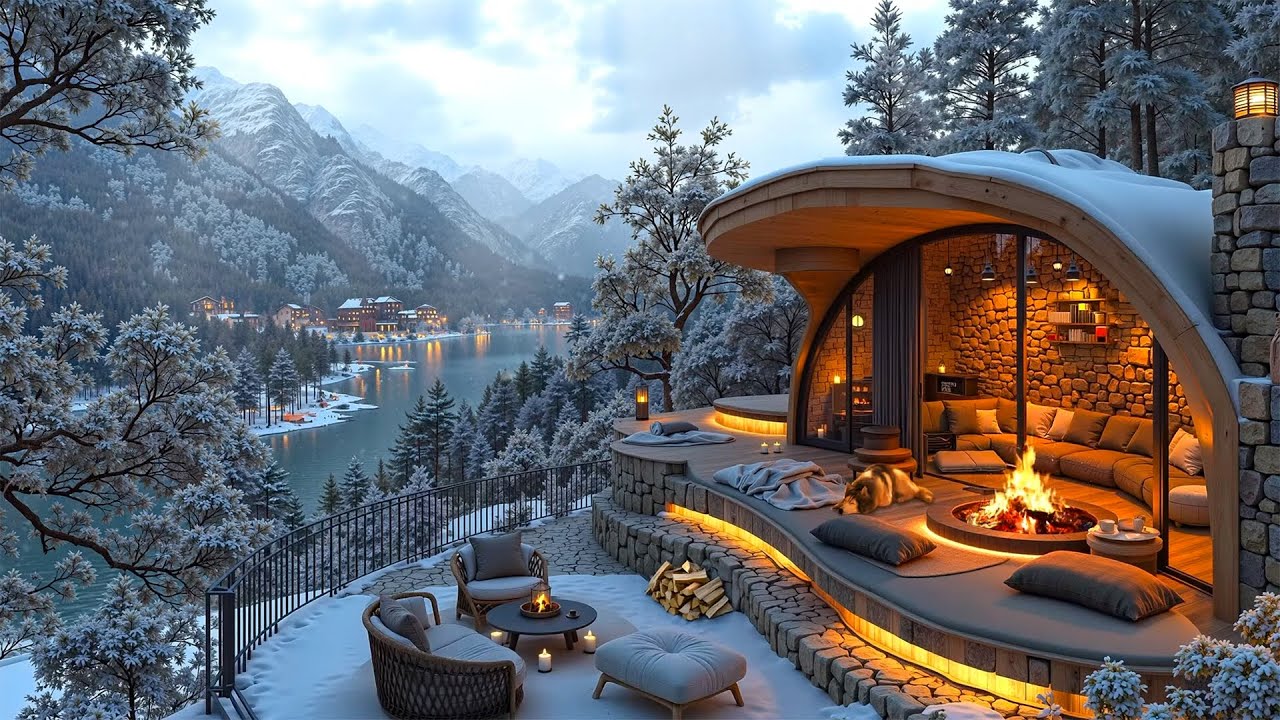 Tranquil Winter Nights ~ Cozy Terrace Retreat with Warm Jazz & Glowing ...