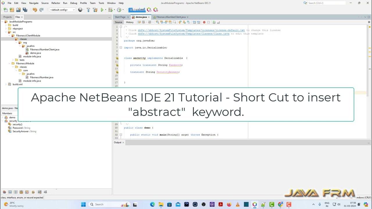 Apache NetBeans IDE 21 Tutorial - Short Cut to insert abstract keyword ...