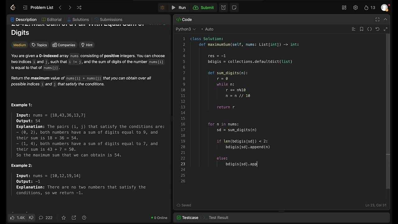 Leetcode 2342 - Max Sum of a Pair With Equal Sum of Digits - Python - O(n) Time complexity - YouTube