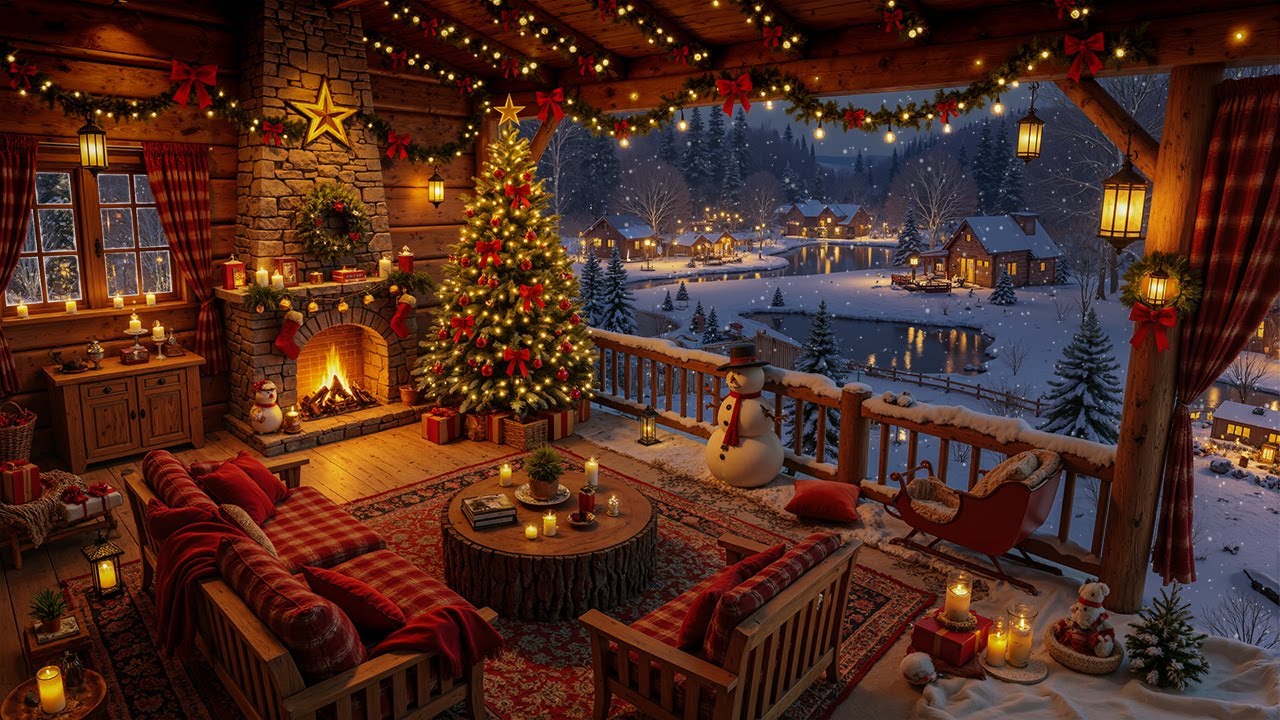 Joyful Fireplace Christmas Jazz Music & Cozy Mountain Porch Ambience🎄 ...