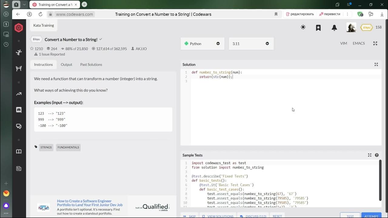 Codewars Task Convert A Number To A String On The Python 8 Kyu Youtube