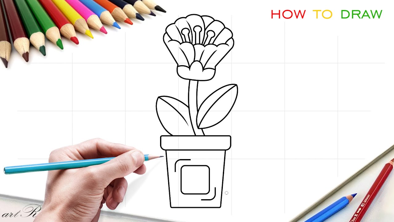 Cara menggambar Bunga, Pot, Daun dan Batang yang Mekar | Tutorial ...