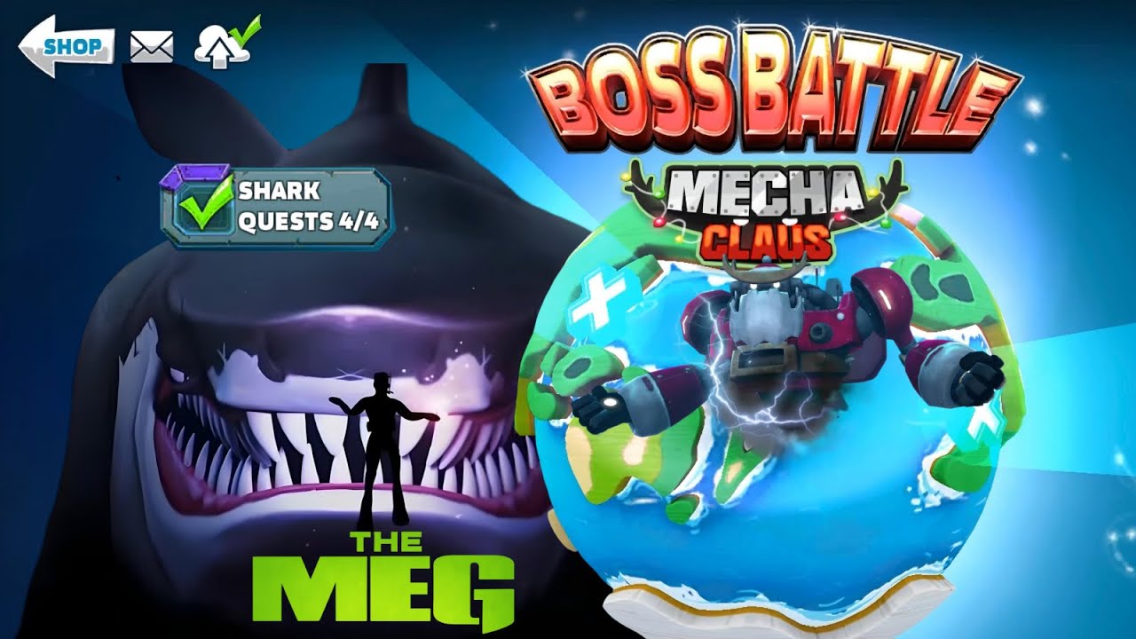 GIANT MONSTER MEGALODON VS MECHA CLAUS BOSS GAMEPLAY - Hungry Shark ...