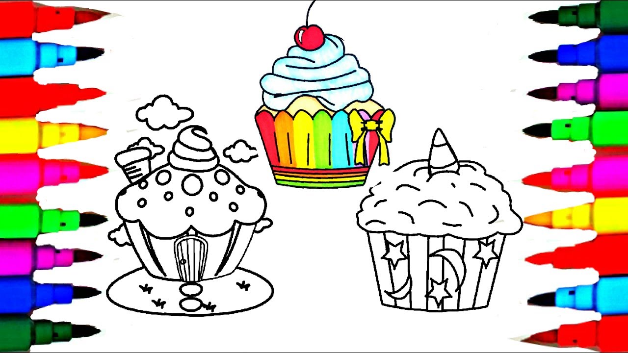 Learn Rainbow Colors l How To Draw Cup Cakes Coloring Pages l Art for ...