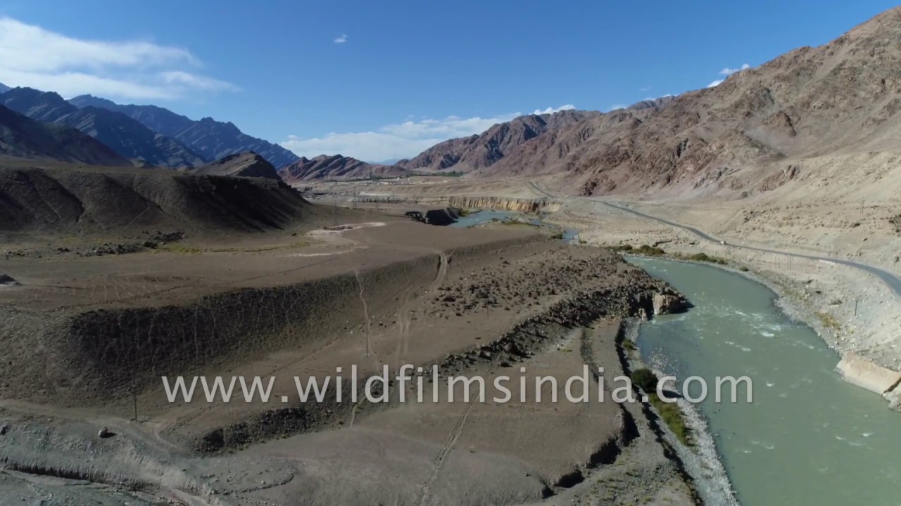 Indus river flows through the cold desert of Ladakh | Aerial view from ...