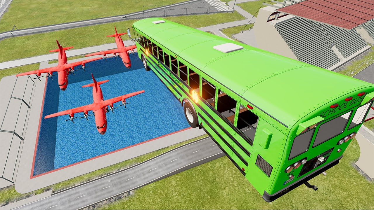 TOP 100 Random Lego School Bus Car Jumps & Car Crashes Into Airplanes ...