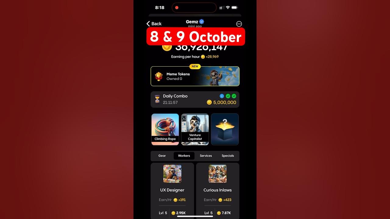 Gemz Daily Combo 8 & 9 October | Gemz Daily Combo today | gemz daily combo card | #gemz # ...